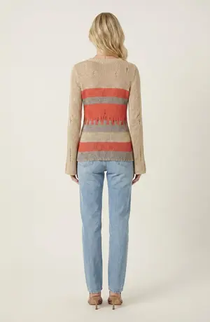 MODENAIRE Distressed Stripe Knit Sweater With Flared Sleeves - Beige