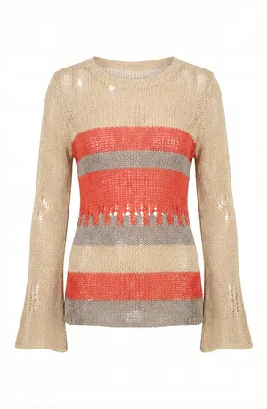 MODENAIRE Distressed Stripe Knit Sweater With Flared Sleeves - Beige