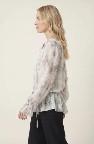 MODENAIRE Sheer Printed Ruffle Neck Blouse