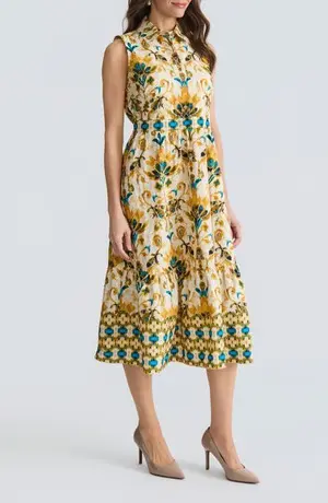 KASPER Sleeveless Border Print Midi Shirtdress