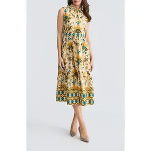 KASPER Sleeveless Border Print Midi Shirtdress