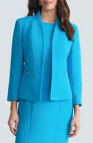 KASPER Pebbled Crepe Seamed Collarless Cardigan - Bright Azul