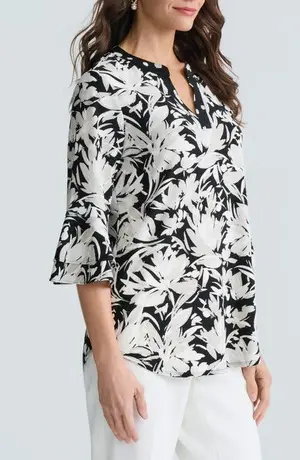 KASPER Floral Print Three-quarter Sleeve Knit Top