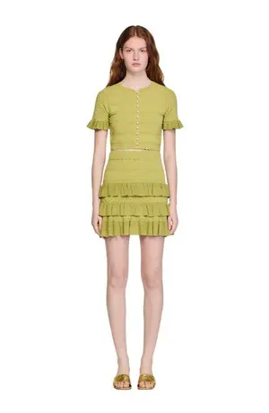 Sandro Cropped Ruffled-sleeve Cardigan - Green