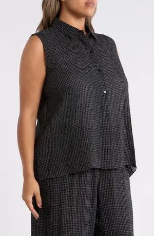 Eileen Fisher Sleeveless Grid Button-up Shirt