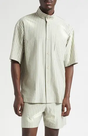 Issey Miyake Stripe Short Sleeve Stand Collar Cotton Button-up Shirt - Green