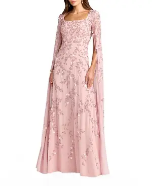 Mac Duggal Beaded Georgette Gown With Cape Sleeves - Rose