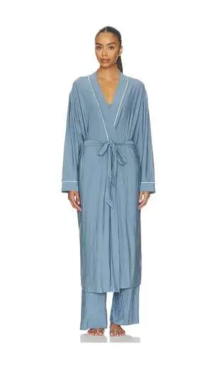 Eberjey Gisele Printed Long Robe In Blue - Duo Stripe Slate Blue & Ivory