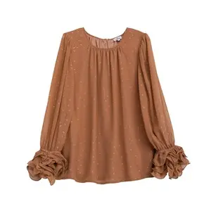 NIZA Camel Chiffon Blouse With Gold Lurex And Ruffle Cuffs