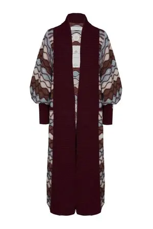 THE EXTREME COLLECTION Long Burgundy Cardigan With Jacquard Wave Pattern - Eed/red