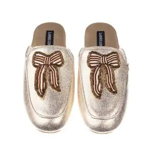 LAINES LONDON Embellished Striped Bow Mules - Gold