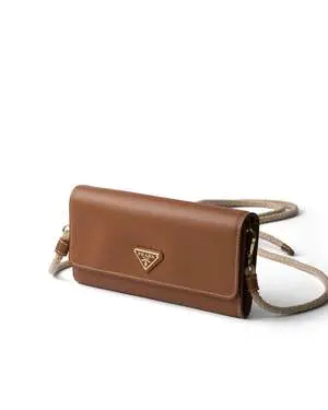 Prada Leather Wallet With Shoulder Strap - Cognac