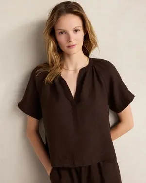 HAVEN WELL WITHIN Linen Gathered V-neck Top - Coffee Bean