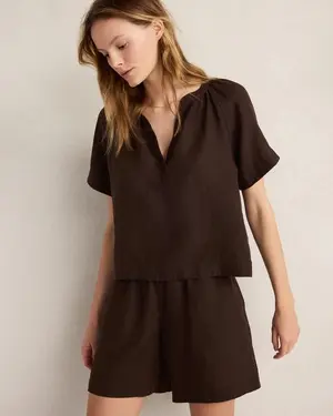 HAVEN WELL WITHIN Linen Gathered V-neck Top - White