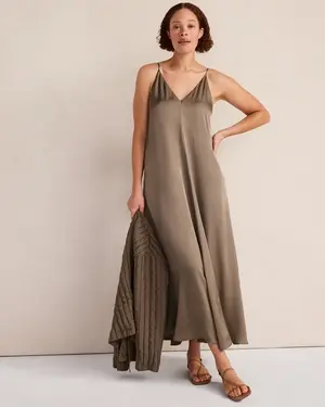 HAVEN WELL WITHIN Silky Maxi Dress With V-neck - Slate Brown