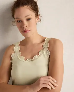 HAVEN WELL WITHIN Organic Cotton Rib Knit Lace Trim Tank - Celery Leaf