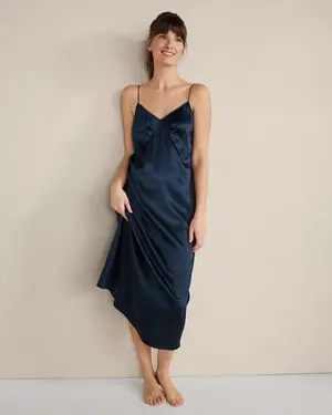 HAVEN WELL WITHIN Washable Silk Pleated Midi Chemise - True Navy