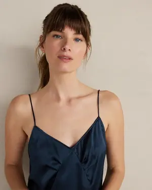 HAVEN WELL WITHIN Washable Silk Pleated Midi Chemise - True Navy