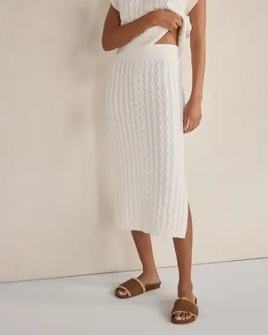 HAVEN WELL WITHIN Organic Cotton Blend Cable Knit Midi Skirt - Ivory