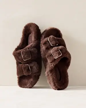 HAVEN WELL WITHIN Faux Fur Buckle Molded Slippers - Ebony