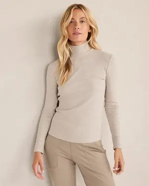 HAVEN WELL WITHIN Organic Cotton Mock Neck Long Sleeve T-shirt - Oyster Shell Hthr