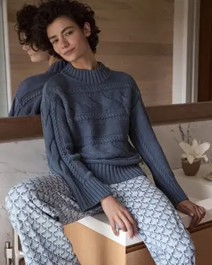 HAVEN WELL WITHIN Cotton Blend Horizontal Cable Knit Sweater - Wave