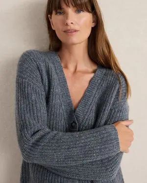 HAVEN WELL WITHIN Marled Cashmere Shaker Stitch Cardigan - Storm