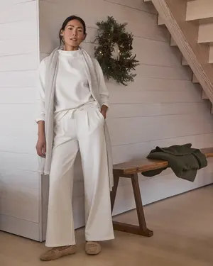 HAVEN WELL WITHIN Soft-brushed Fleece Wide Leg Pants - Oyster Shell