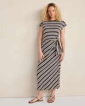 HAVEN WELL WITHIN Organic Cotton Interlock Stripe Midi Knot Dress - Burnt Toffee Multicolor