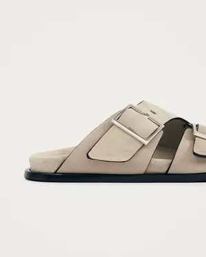 ALOHAS Alba Suede Leather Sandals With Metallic Buckle - Suede Beige