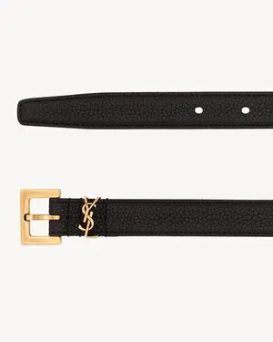 Saint Laurent Cassandre Thin Belt In Grained Leather - Black