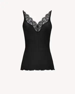 Saint Laurent Ribbed Silk Jersey Laced Tank Top - Black