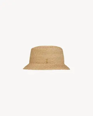 Saint Laurent Straw Bucket Hat With Gold Cassandre Pin