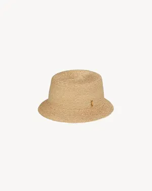 Saint Laurent Straw Bucket Hat With Gold Cassandre Pin
