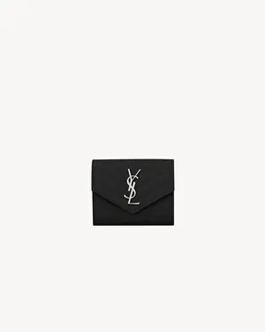Saint Laurent Cassandre Matelassé Compact Tri Fold Wallet In Grain De Poudre Leather - Black