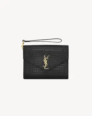Saint Laurent Cassandre Flap Pouch In Crocodile-embossed Shiny Leather