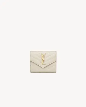 Saint Laurent Cassandre Matelassé Compact Tri Fold Wallet In Lambskin - White