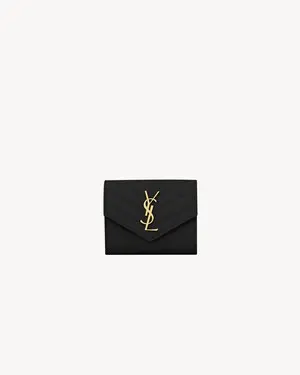 Saint Laurent Cassandre Matelassé Compact Tri Fold Wallet In Grain De Poudre Leather - Black