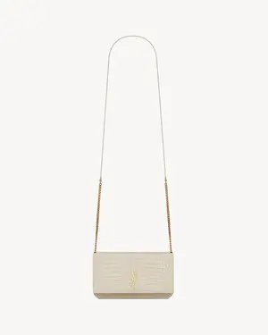 Saint Laurent Cassandre Phone Holder In Shiny Crocodile-embossed Leather - White