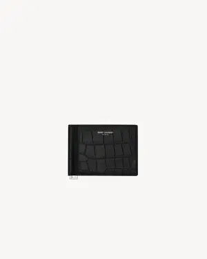 Saint Laurent Paris Bill Clip Wallet In Crocodile-embossed Leather - Black