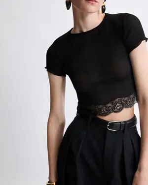Saint Laurent Ribbed Silk T-shirt With Lace Trim - Black