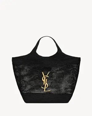 Saint Laurent Icare Maxi Tote In Raffia And Leather - Black