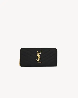 Saint Laurent Cassandre Matelassé Zip Around Wallet In Grain De Poudre Leather - Black
