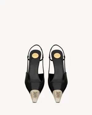 Saint Laurent Jeanne Slingback Pumps In Glazed Leather With Metal Cap Toe - Black