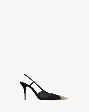 Saint Laurent Jeanne Slingback Pumps In Glazed Leather With Metal Cap Toe - Black