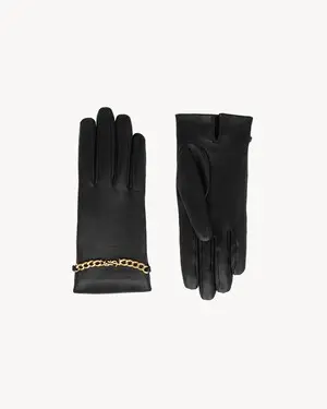 Saint Laurent Cassandre Gloves In Lambskin With Gold Tone Chain Detail - Black And Gold