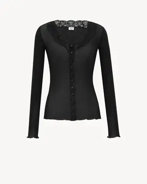 Saint Laurent Ribbed Silk Cardigan With Lace Detailing