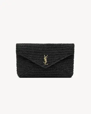 Saint Laurent Cassandre Large Envelope Pouch In Raffia - Noir