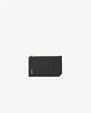 Saint Laurent Tiny Cassandre Fragments Zip Card Case In Grained Leather - Black