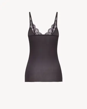 Saint Laurent Ribbed Silk Jersey Tank Top With Lace Trim